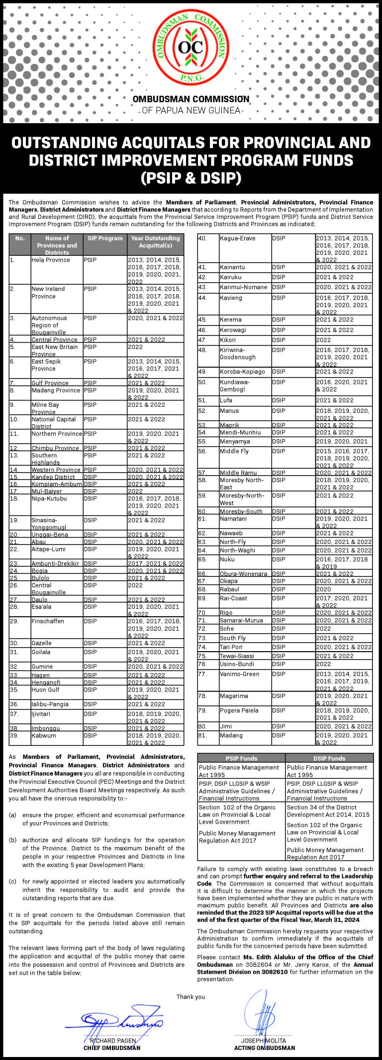 Outstanding Acquittals for Provincial and District Improvement Program ...